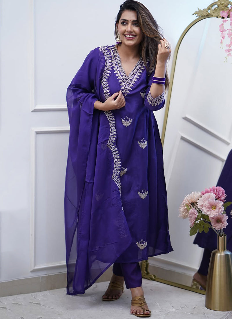 Purple Chanderi Silk Kurta With Trousers And Dupatta – Shinisha