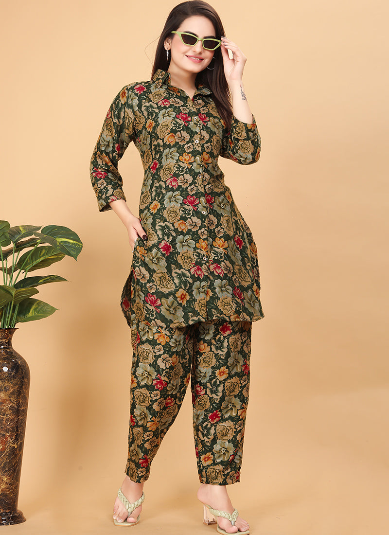 Green Stylish Floral Printed Multicolor Cotton Rayon Cord Set – Shinisha