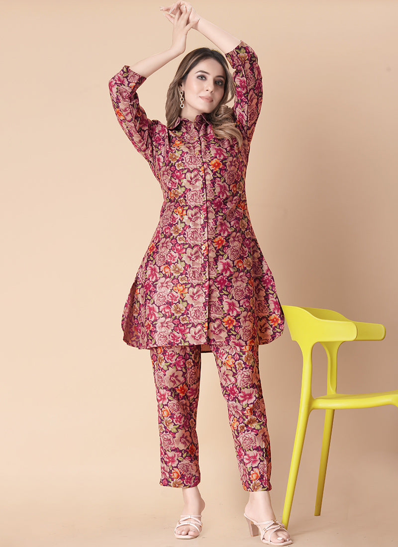 Adorable Maroon & Red Floral Printed Cotton Cord Set – Shinisha