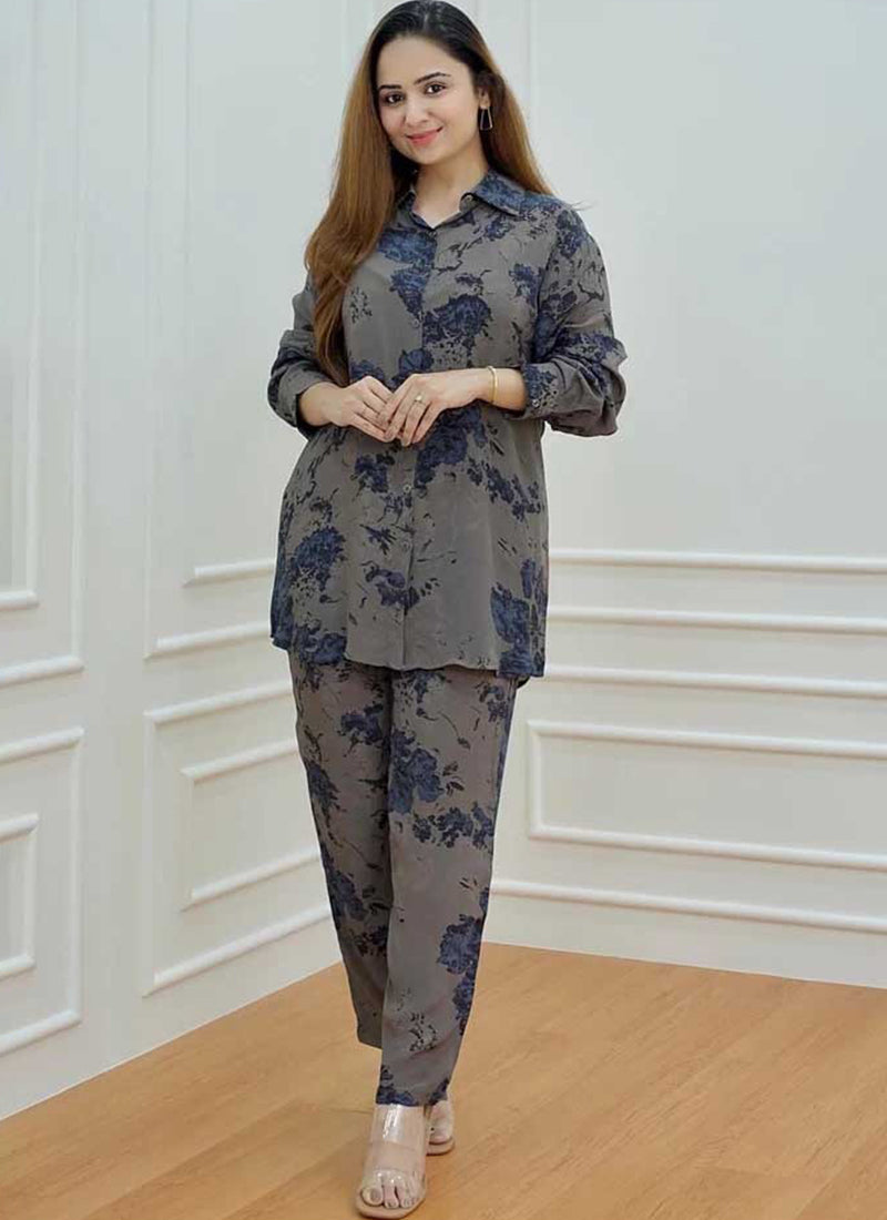 Navy Blue Flower Motifs Digital Print Cord Set – Shinisha